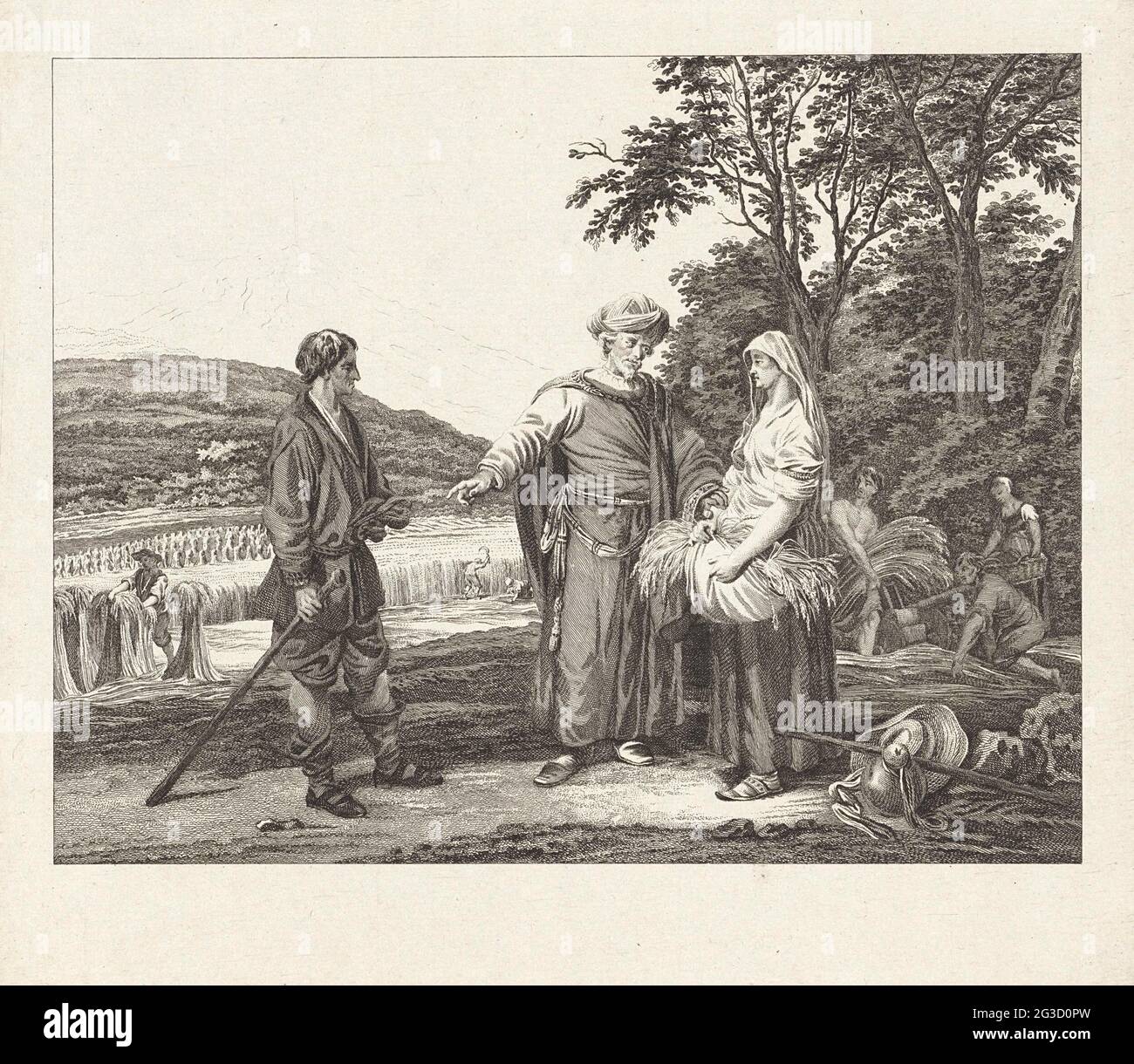 Boaz and Ruth. Boaz, with beard and turban, instructs his mowers to ...
