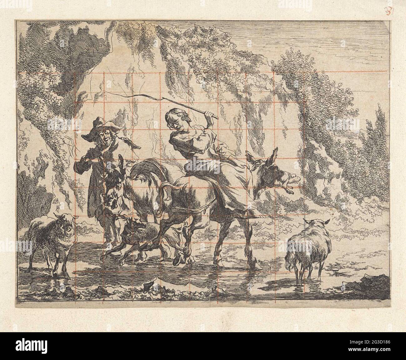 Shepherdess swaps her donkey. In a landscape at a loaded place, a ...