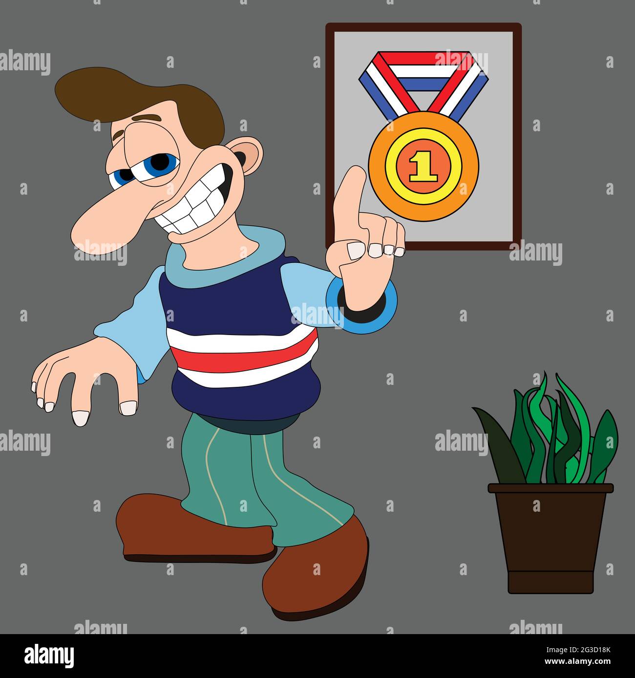 Proud man with cheeky smile showing off his gold medal - flat design ...