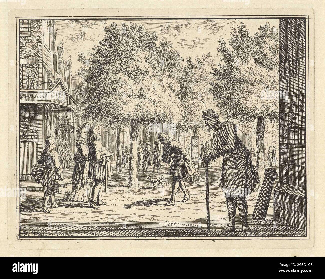 Poor man looks at rich figures in a street. A poor man, leaning on a ...