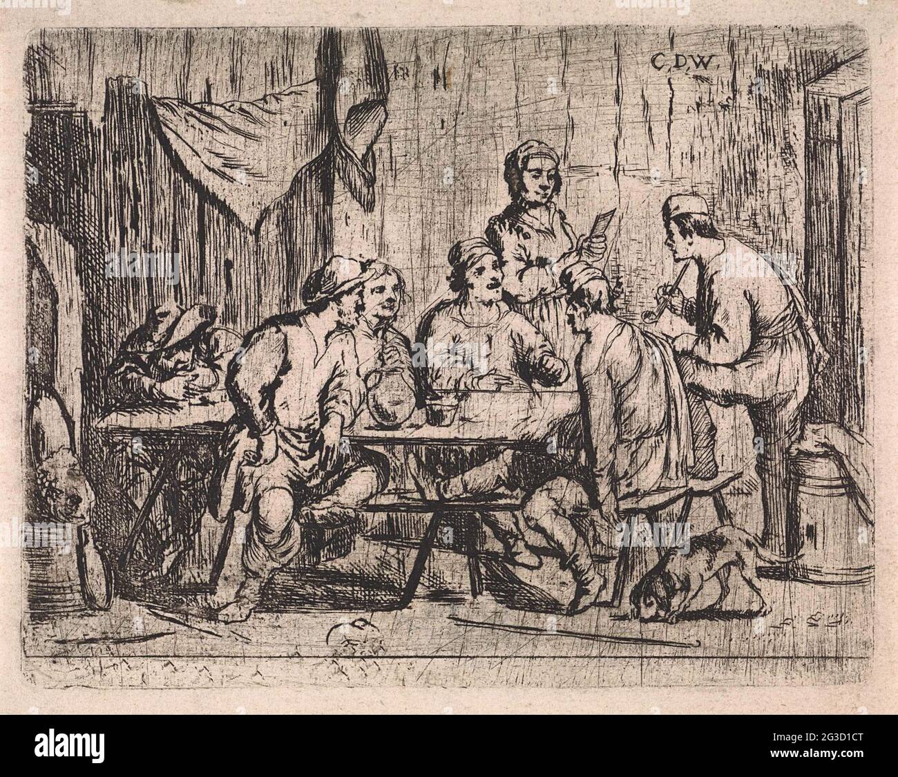 Six farmers and innkeeper in Herberg; Genre scenes. Interior of an inn ...