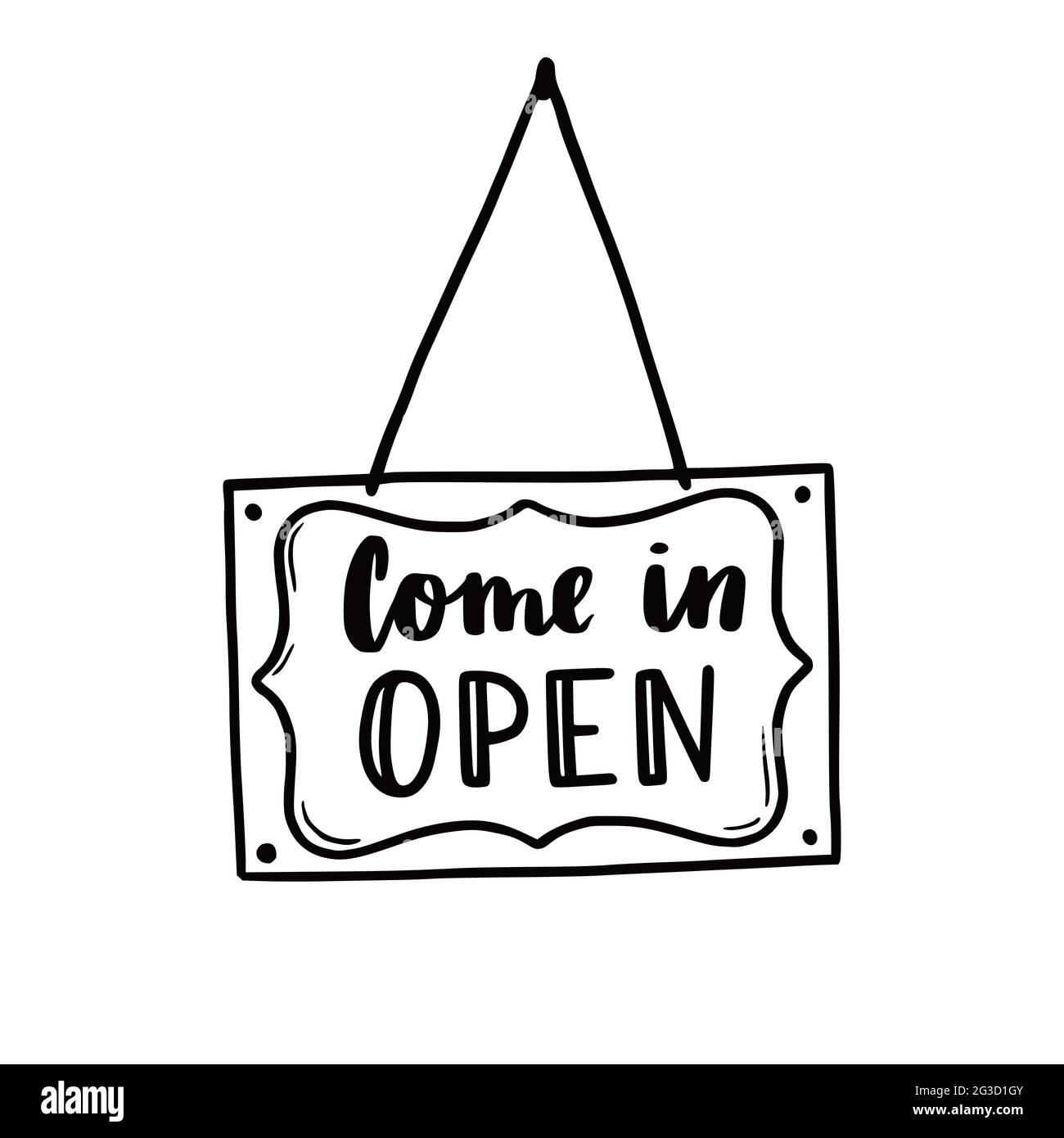 Hand drawn open sign element. Doodle sketch style. Shop door or window ...