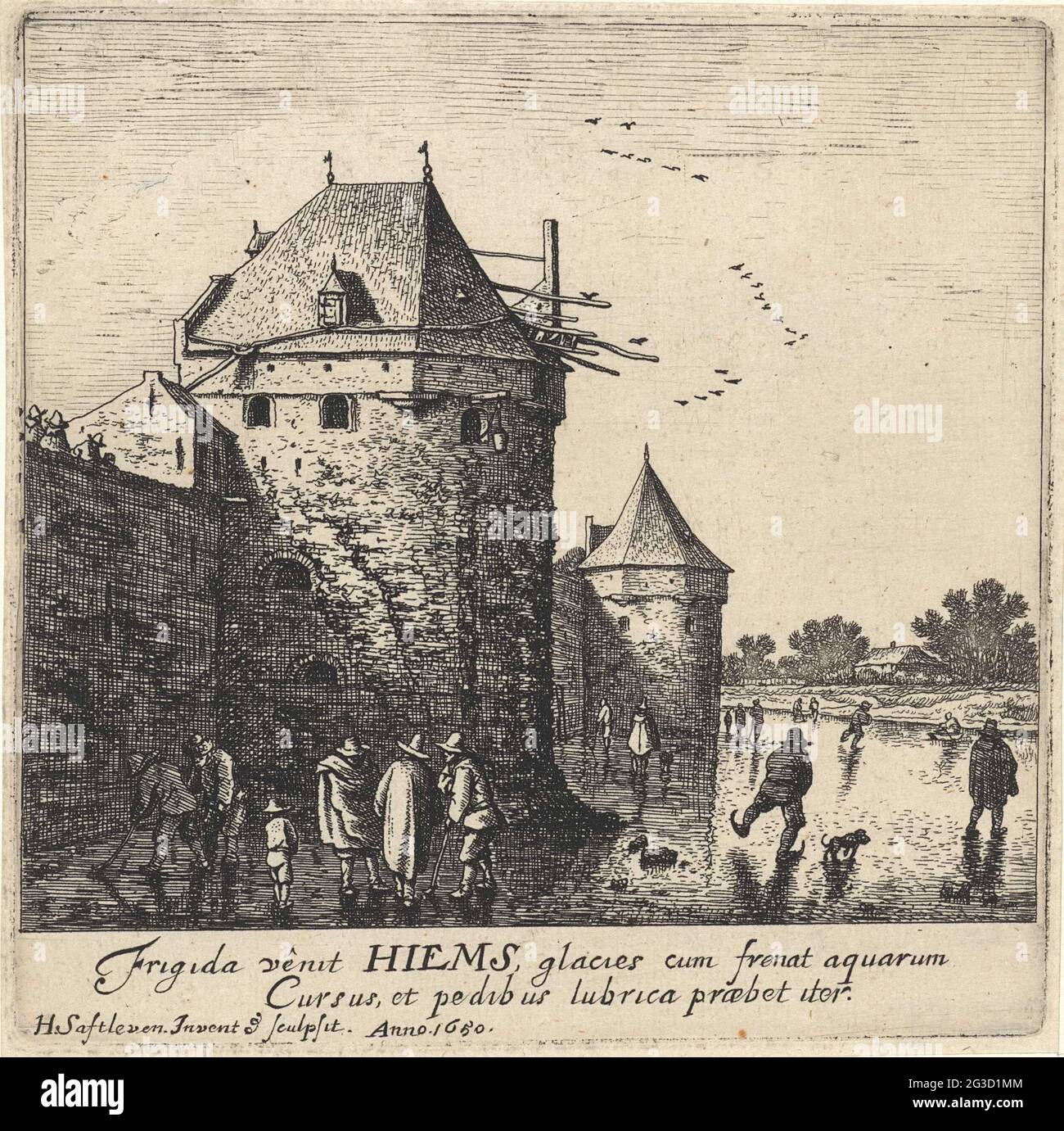 Winter; Hiems; The four Seasons. Skaters on the ice at a city wall. Online people play flask ...