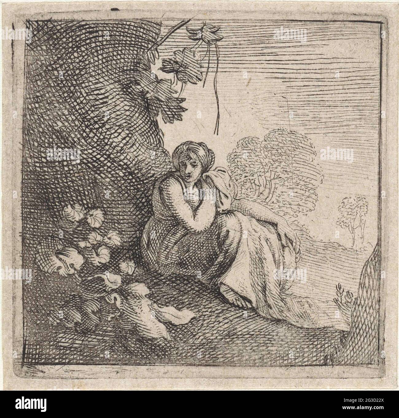 Hagar in the desert. A woman (Hagar?) Sits at the foot of a thick tree ...