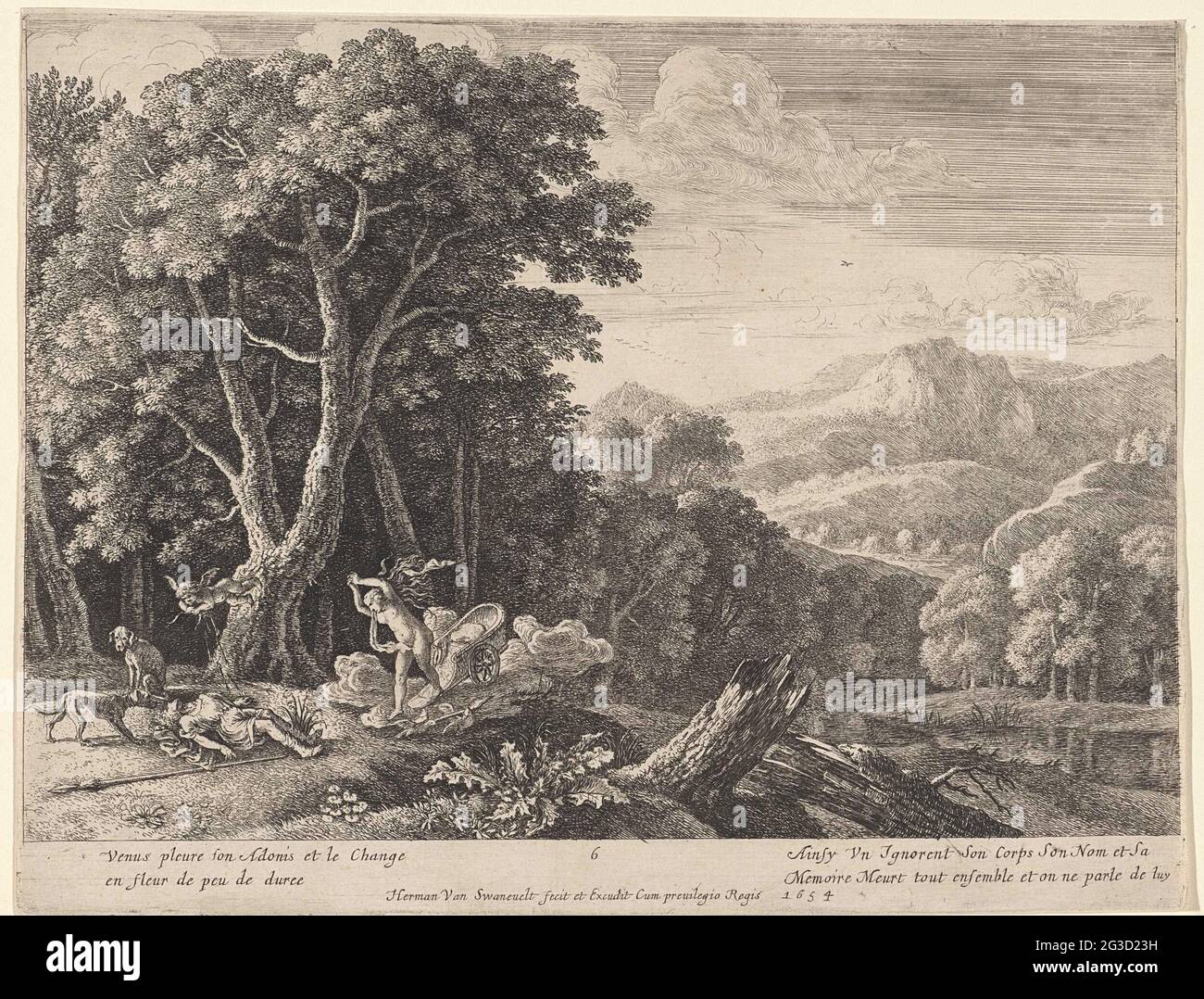 Venus mours the death of Adonis; Adonis story. In a hilly landscape ...