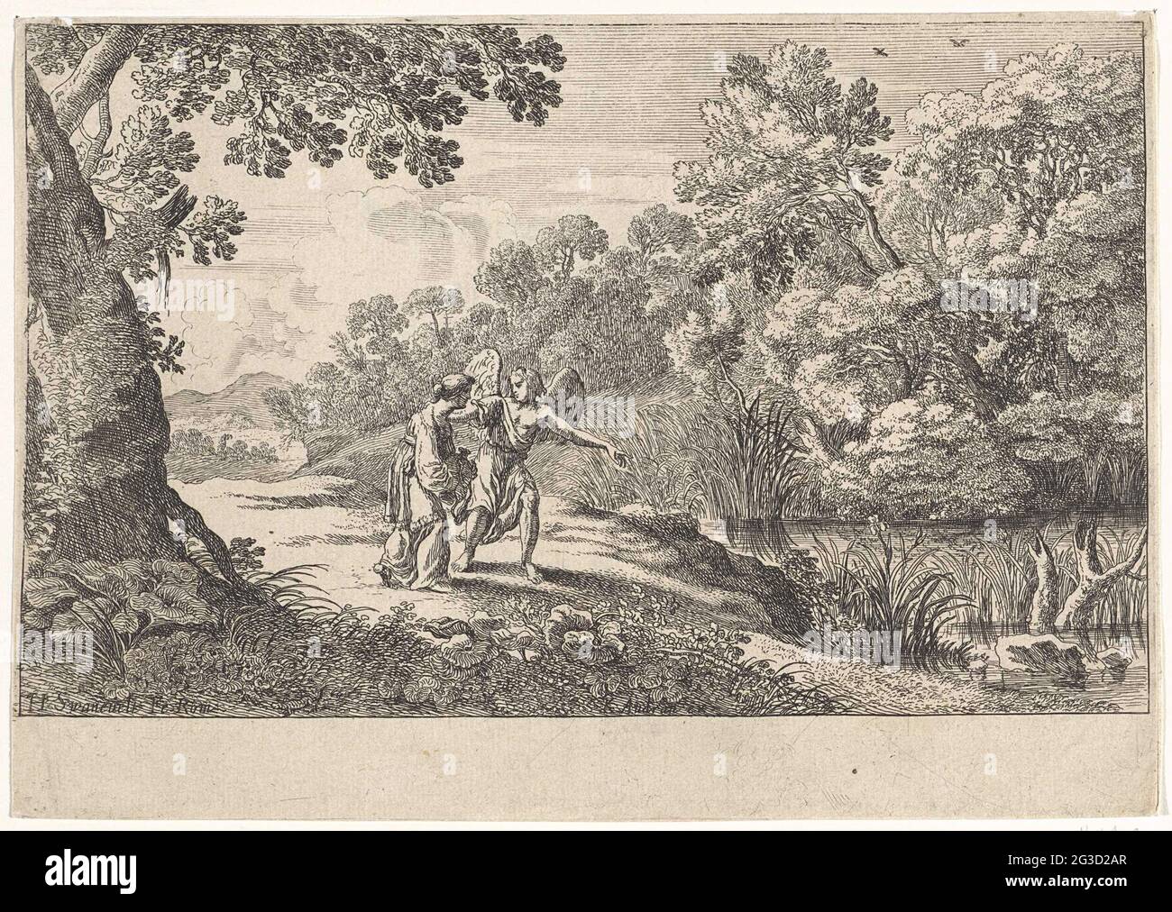 Hagar and the angel; Oudtestament representations. In a hilly landscape ...