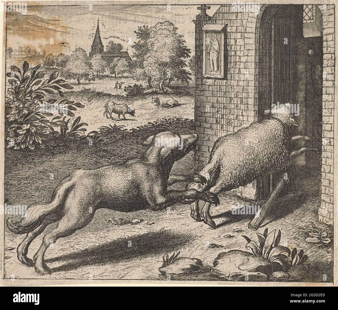 Fable of the wolf and the sheep. A sheep runs a church in, followed by ...