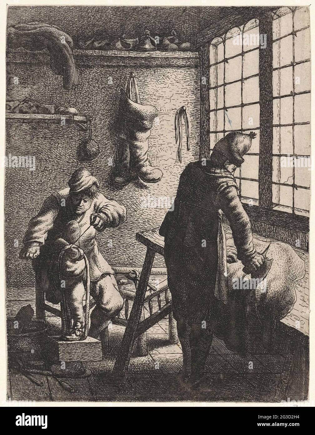 Shoemakers; Professions. A man treated leather, standing behind a table ...