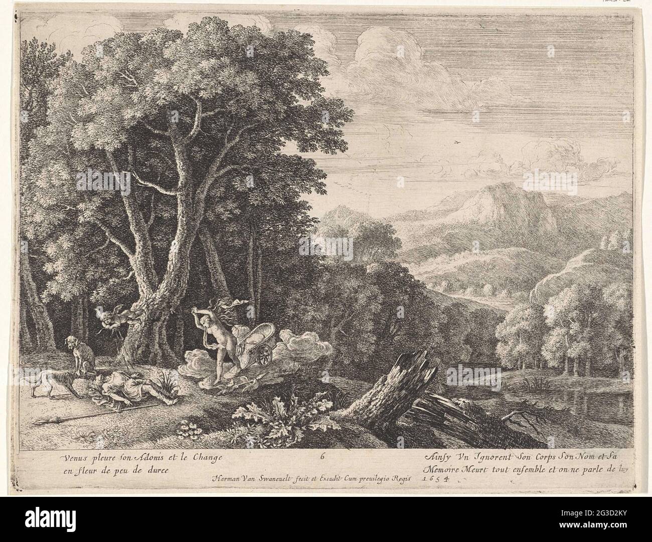 Venus mours the death of Adonis; Adonis story. In a hilly landscape ...