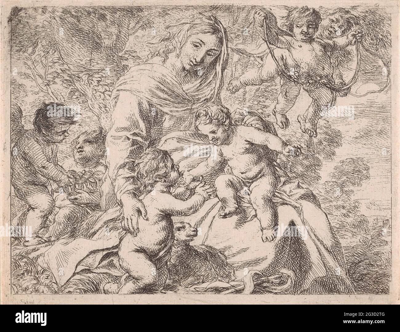 Maria with child and John the Baptist. In a landscape, Mary is on her ...