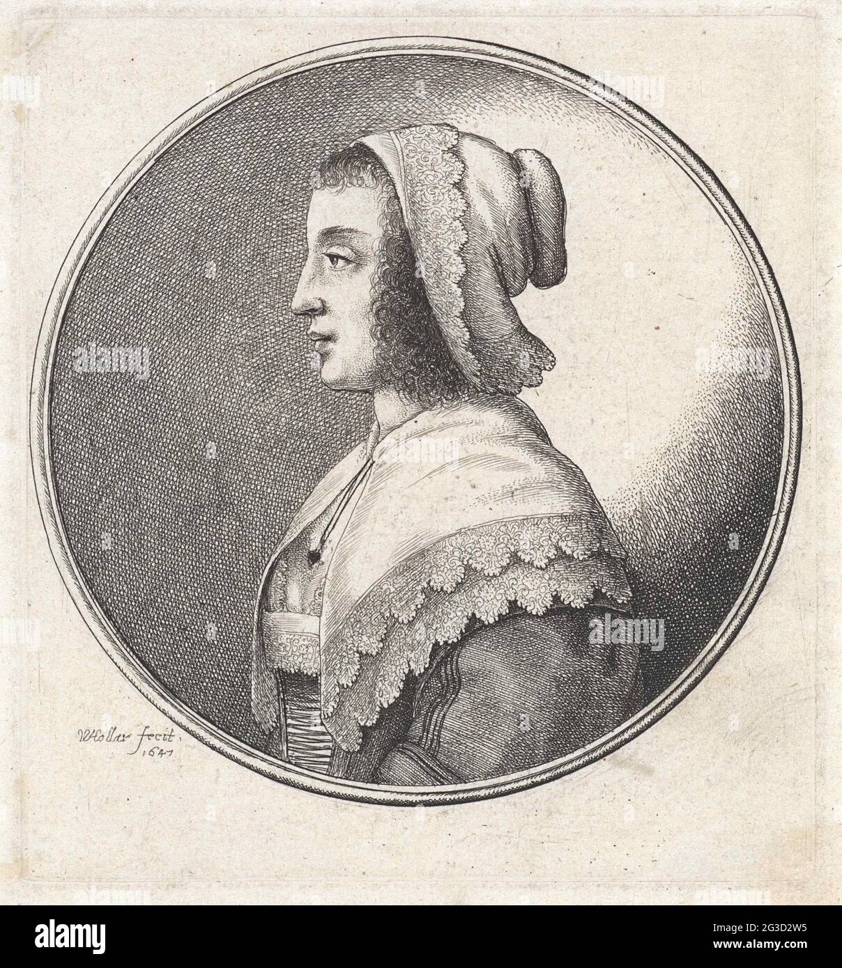 Woman with lace chapter and matching collar, to the left; Woman girls ...