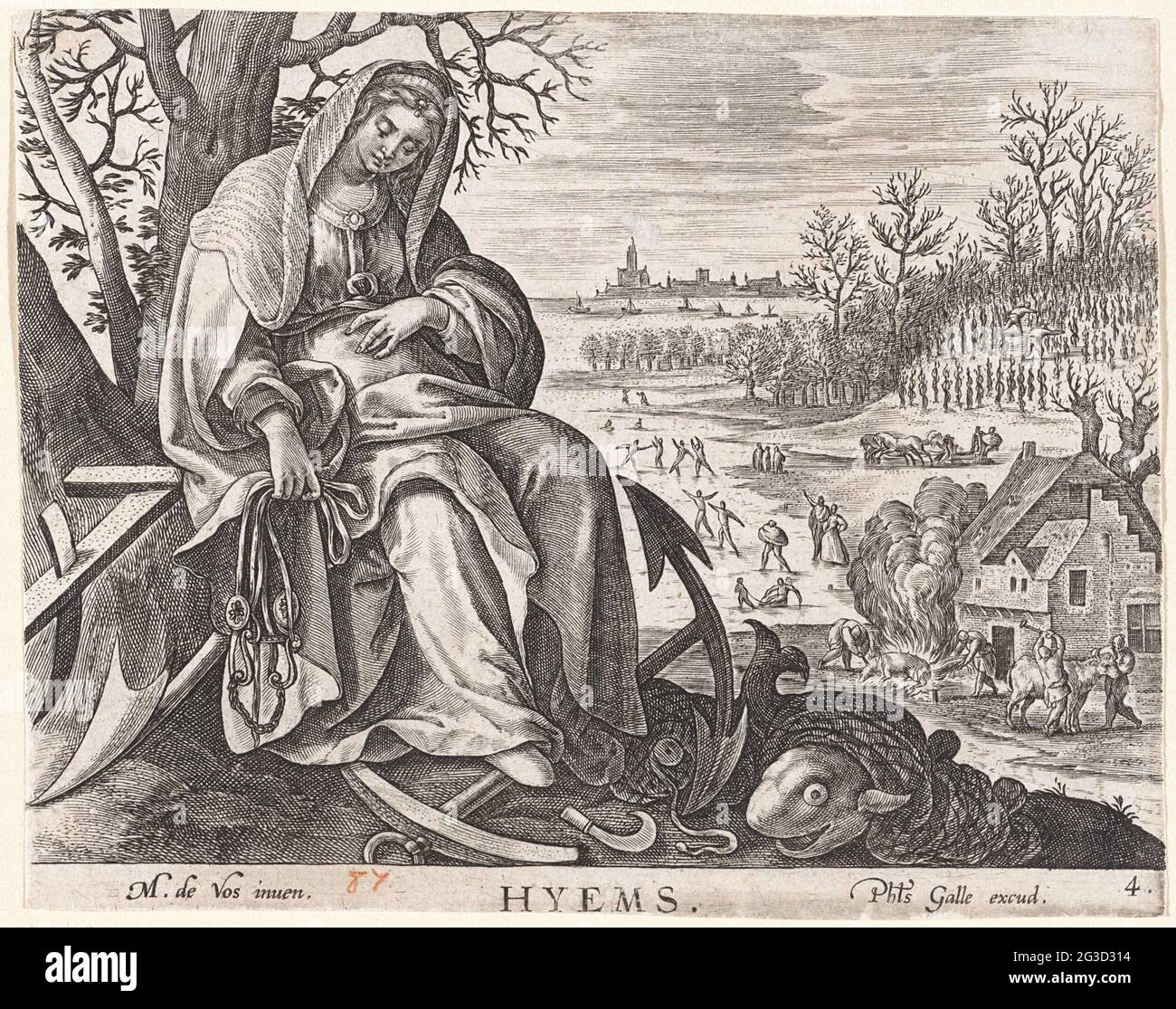 Winter; Hyems; Four Seasons. Left is the person's personification. Fish ...