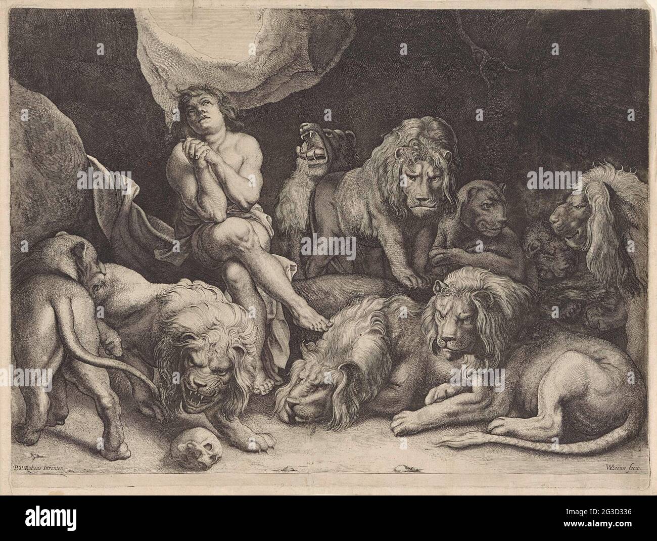 Daniel in the lion's owl. Surrounded by lions sits Daniël with folded ...