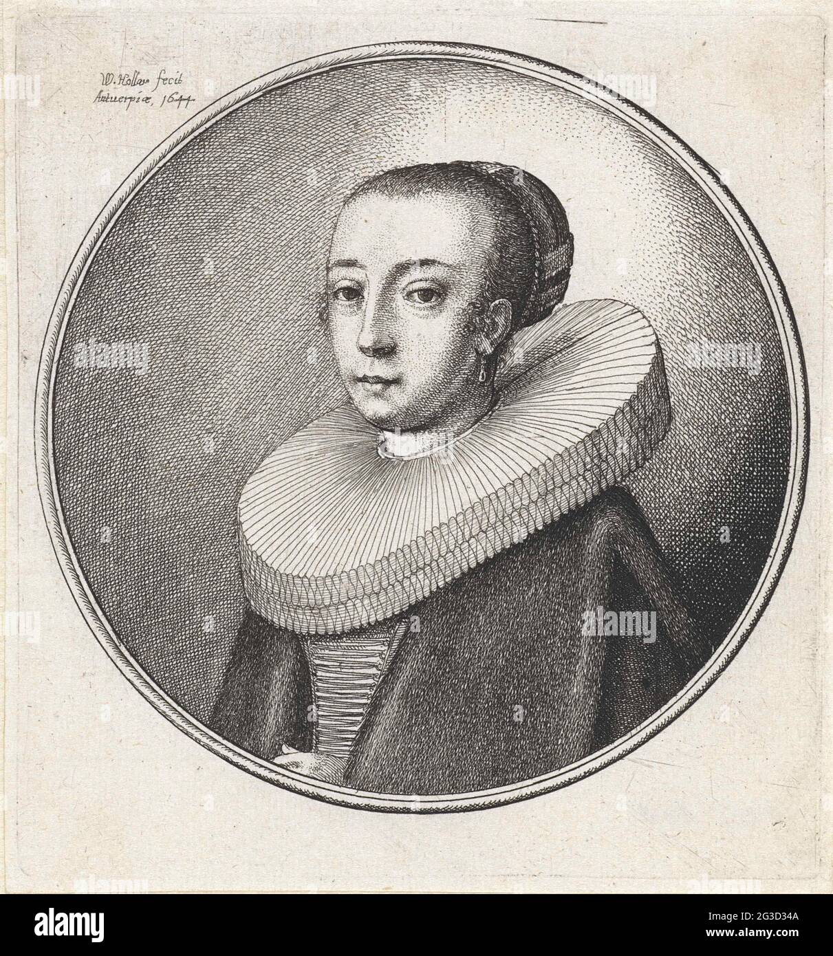 Woman with wide stiff pleated collar and raised hair; Woman girls in ...