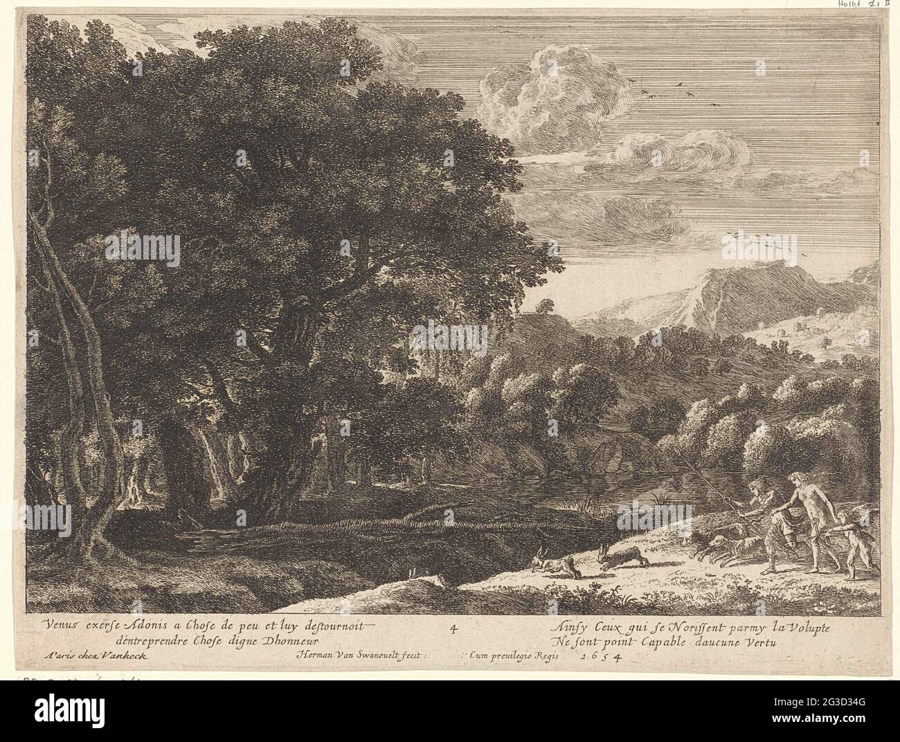 Venus and Adonis hunting; Adonis story. In a hilly, wooded landscape ...