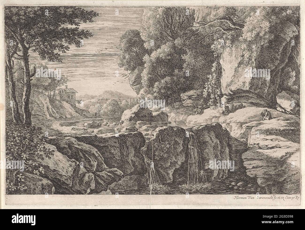 Landscape with small waterfall; Four river landscapes. A reading or ...