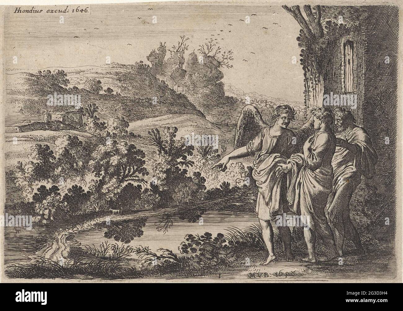 Tobias, Tobit and the angel; The story of Tobias. In a hilly landscape ...