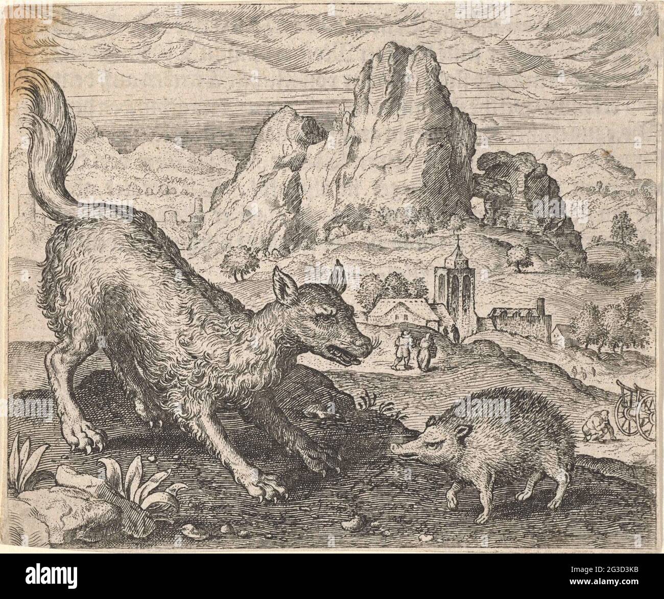 Fable of the wolf and the hedgehog. A wolf and a hedgehog face each ...