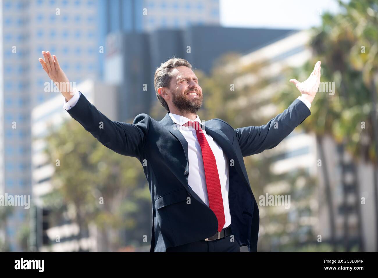 man feel freedom. professional bearded ceo celebrating success. mature ...