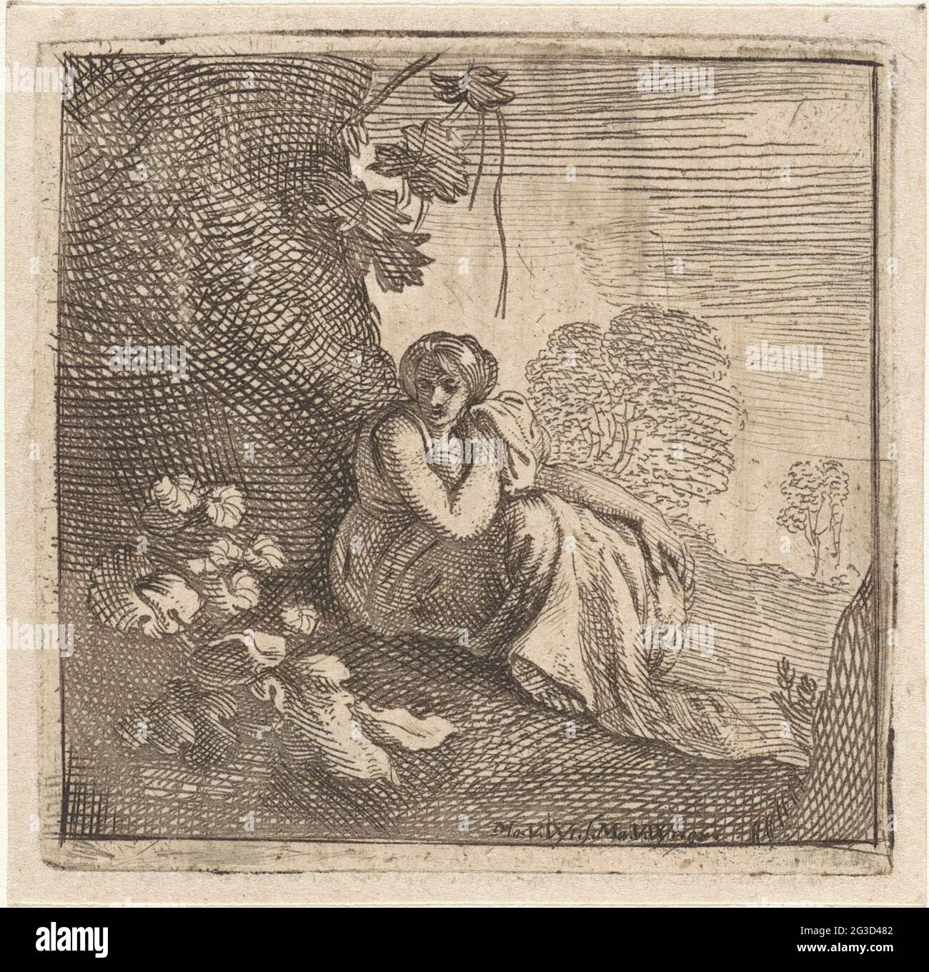 Hagar in the desert. A woman (Hagar?) Sits at the foot of a thick tree ...