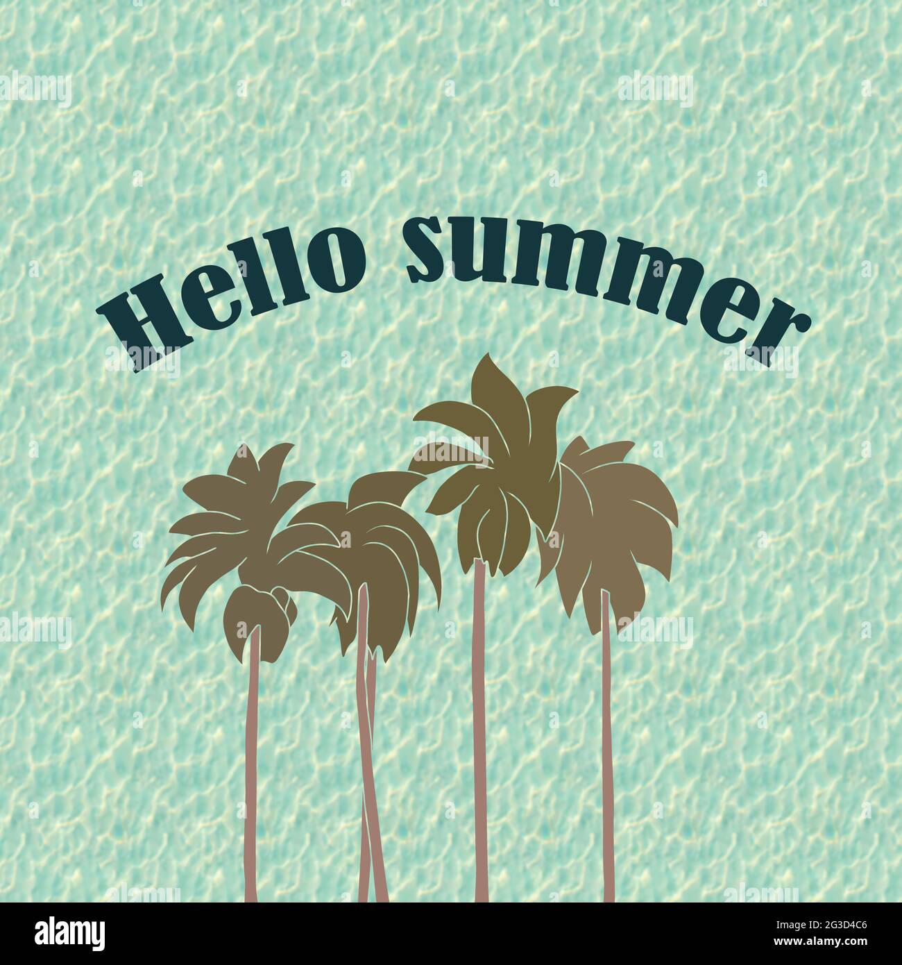 Illustration of palm trees on water texture with a "Hello Summer ...
