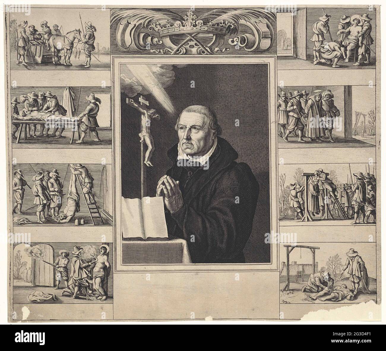 Portrait Cornelis Musius, with scenes of his martyrdom. Portrait of the ...