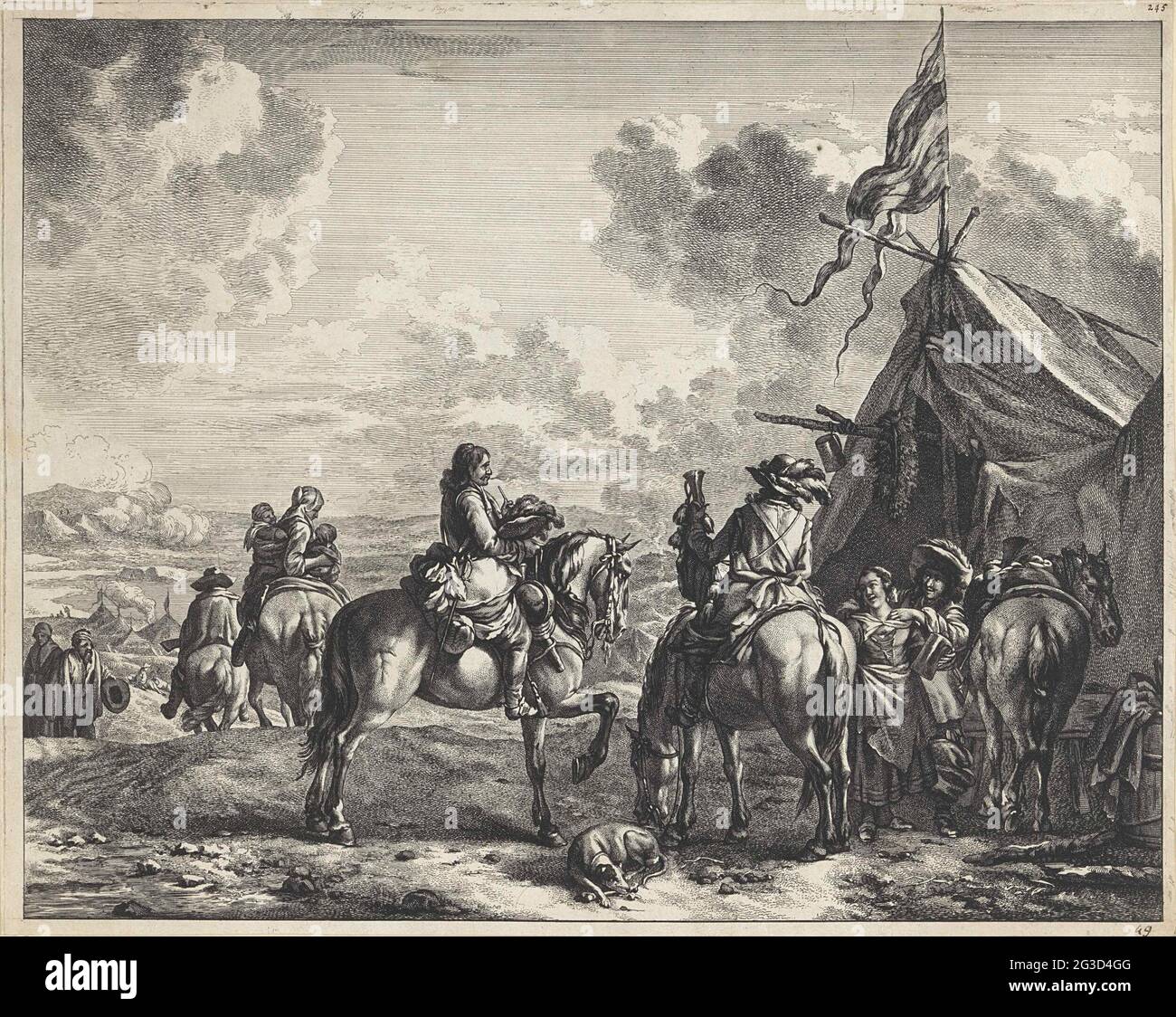 Soldiers at a tent with banner, pulse and wreath. Soldiers with horses ...