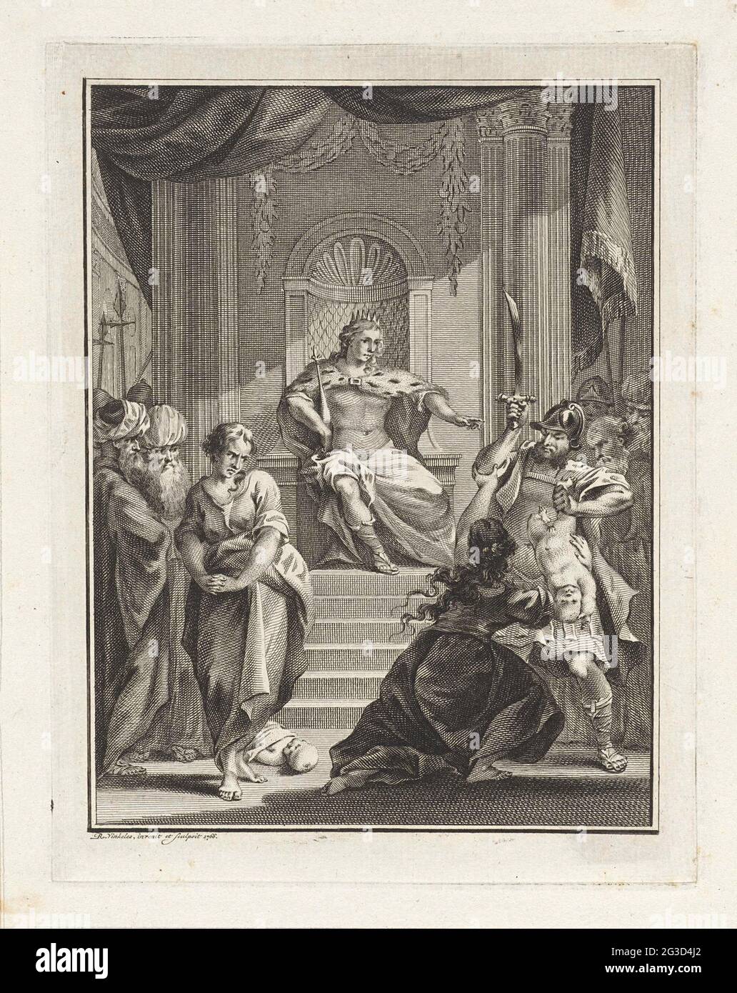 Judgment of Solomon. King Solomon points from his throne, on a kneeling ...