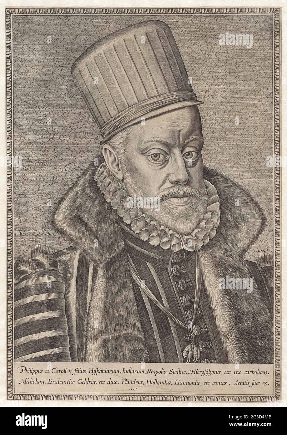 Portrait of Philip II, king of Spain, at the age of 59. He carries a ...