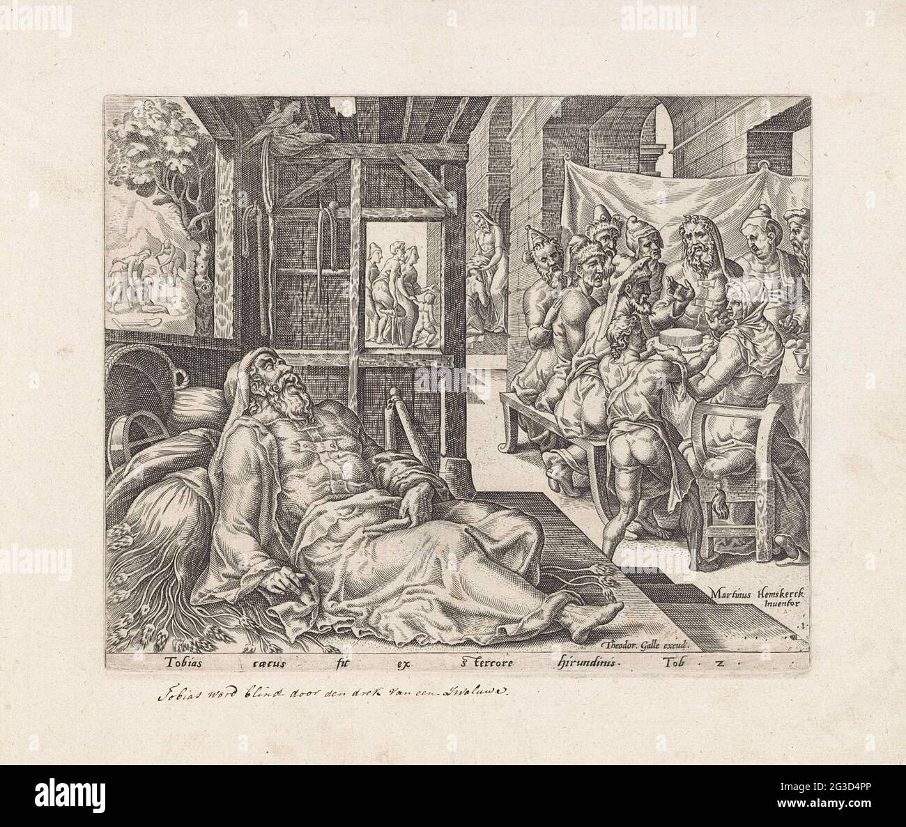 Tobits blindness; Story of Tobias. On the left in the background, Tobit ...