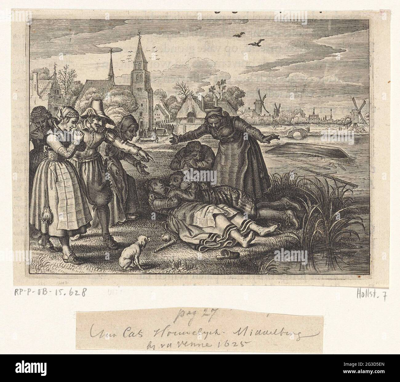 The death of a young couple. On the shore of a river a group of men and ...