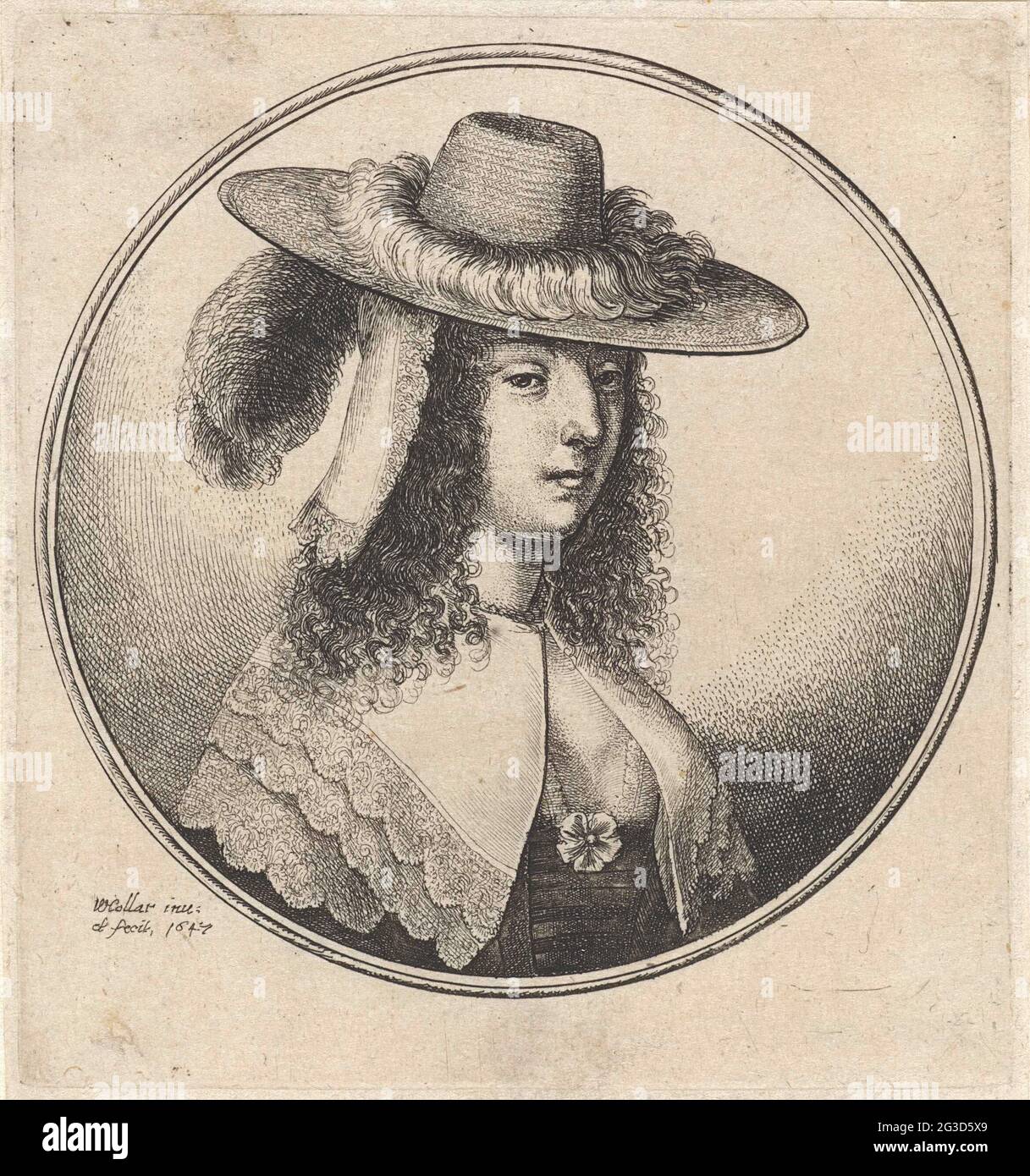 Woman with lace collar and plumed hat; Woman girls in round lists Stock ...