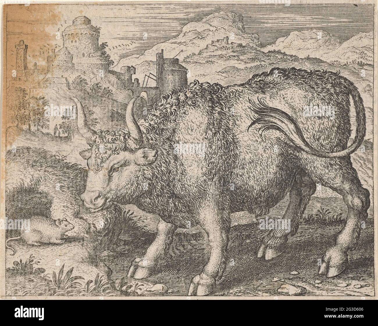 Fabel of the bull and mouse. A mouse and a bull face each other. The ...