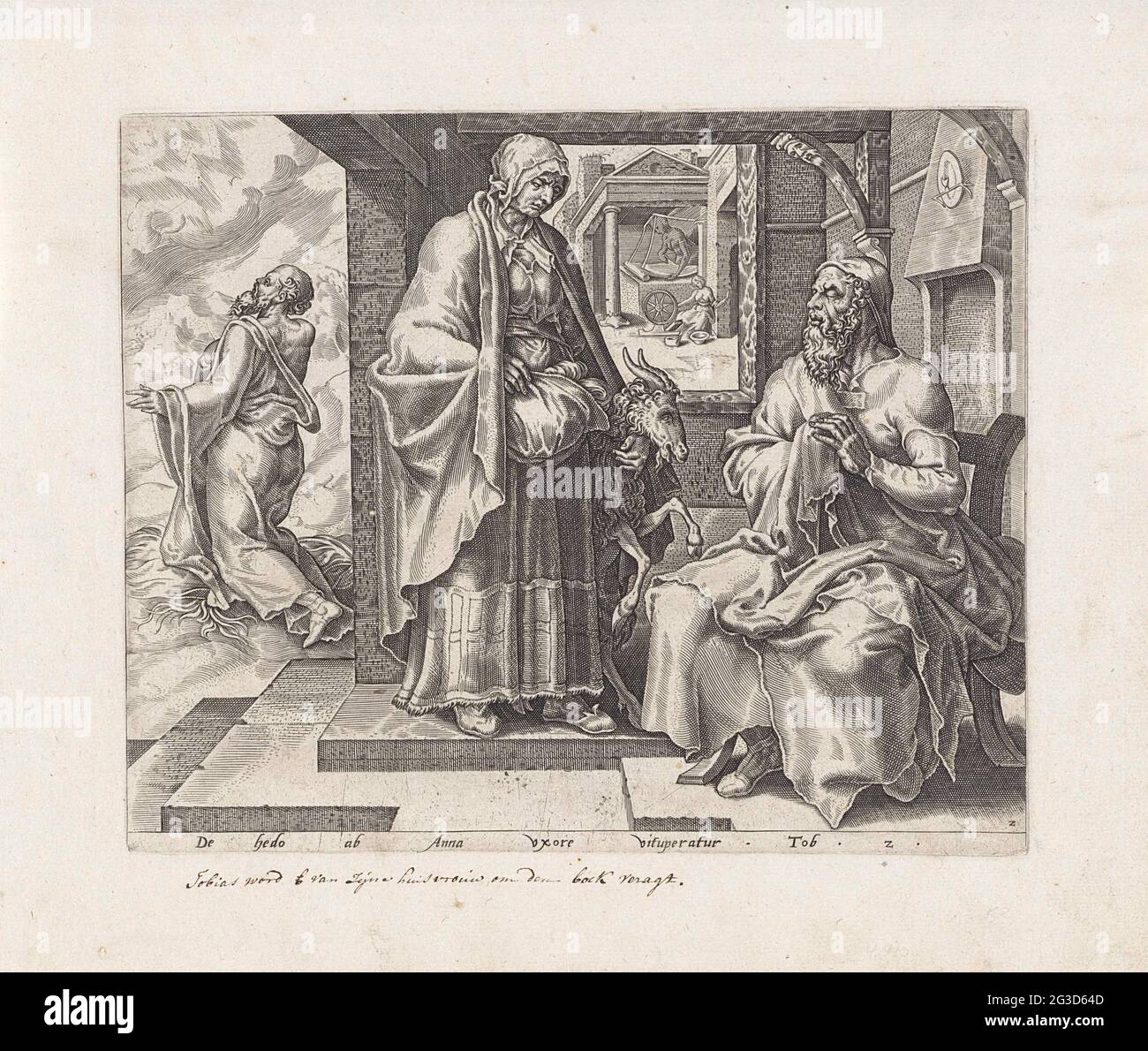 Tobit and Anna with the goat; Story of Tobias. Anna stands with the ...