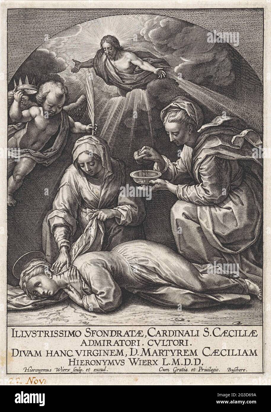 Death of H. Cecilia. Two women take care of the wounds in the neck of ...