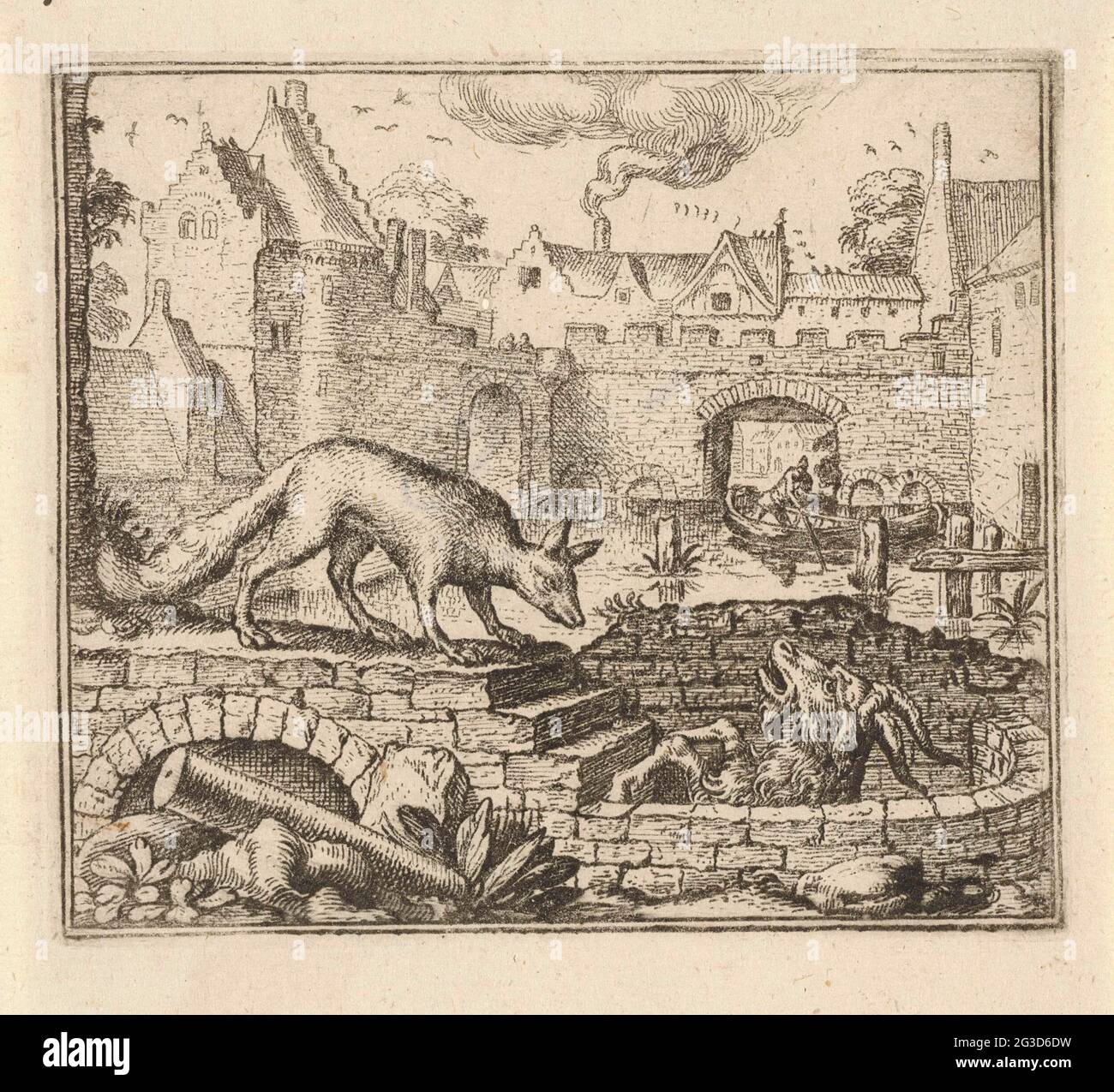 Fabel of the fox and the goat. The fox is above a basement staircase ...