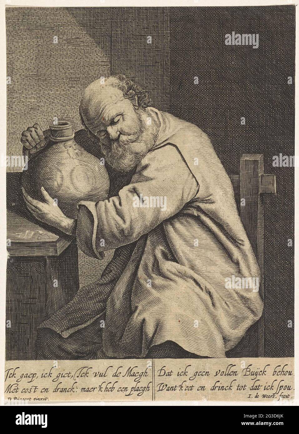 Gluttony; Seven sins. A drunk man as a human personification is sitting ...