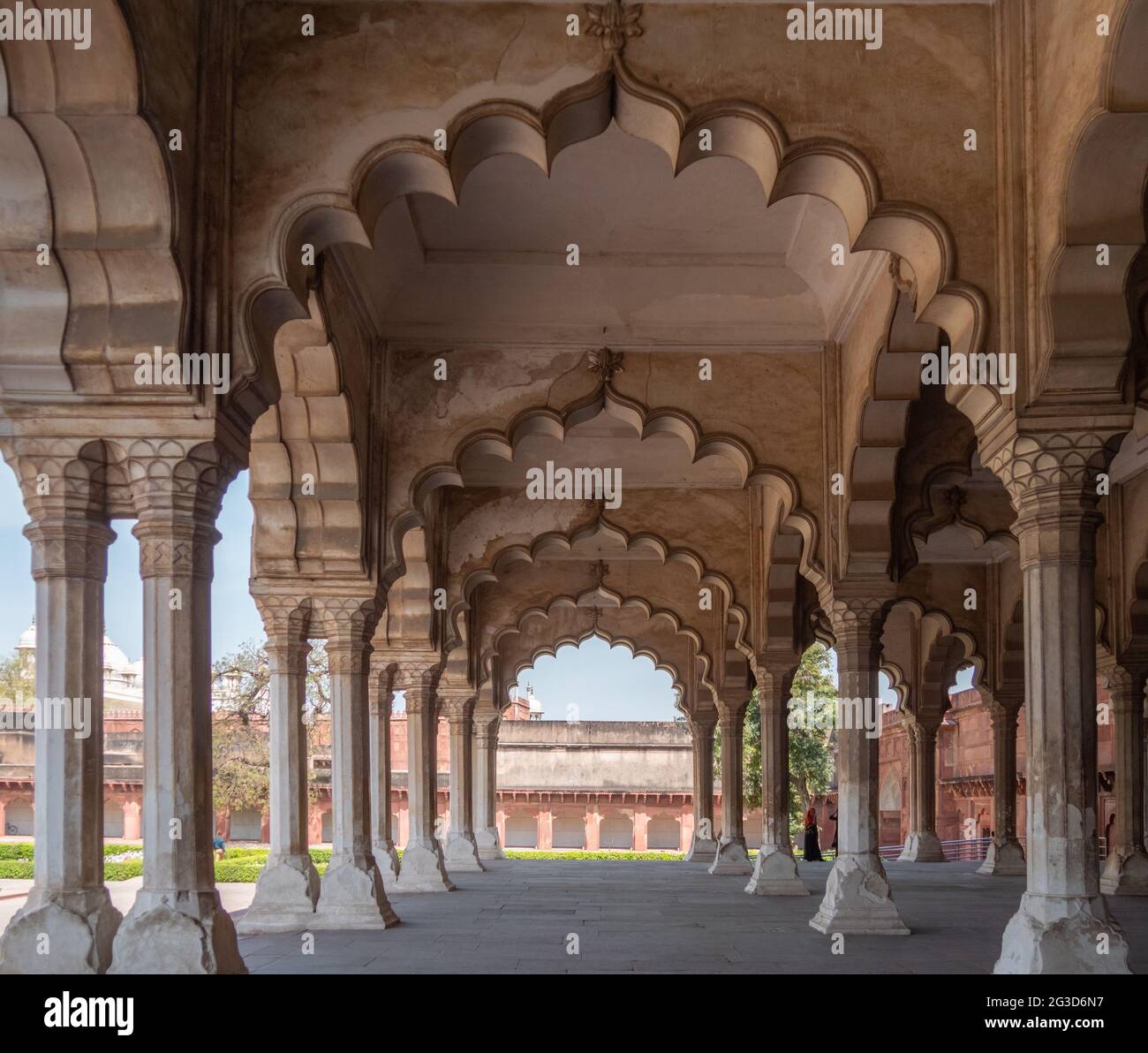 AGRA, INDIA - MARCH, 28, 2019: a series of arches and columns at red ...