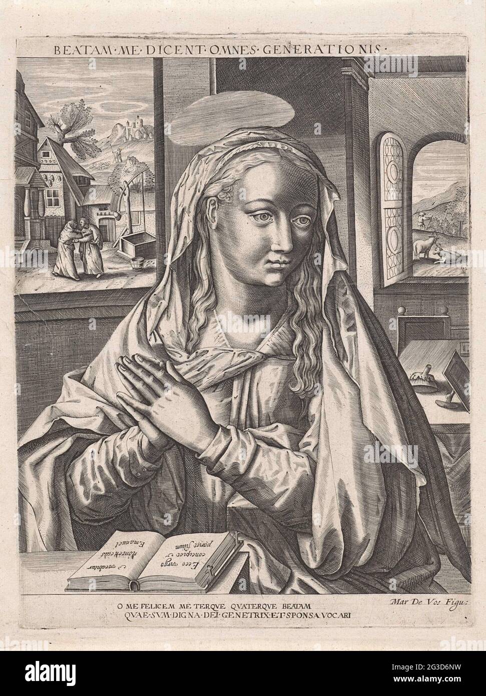 Praying Mary. Maria prays above an open book. A table is standing ...