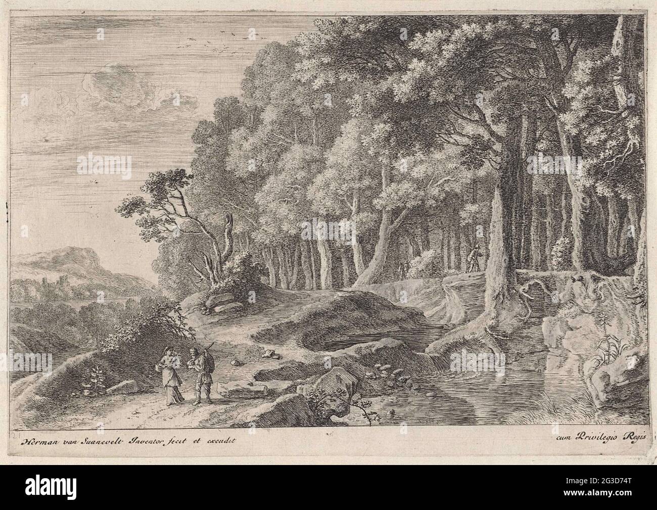 Hikers at a stream; Twelve landscapes. Some walking figures can be seen ...