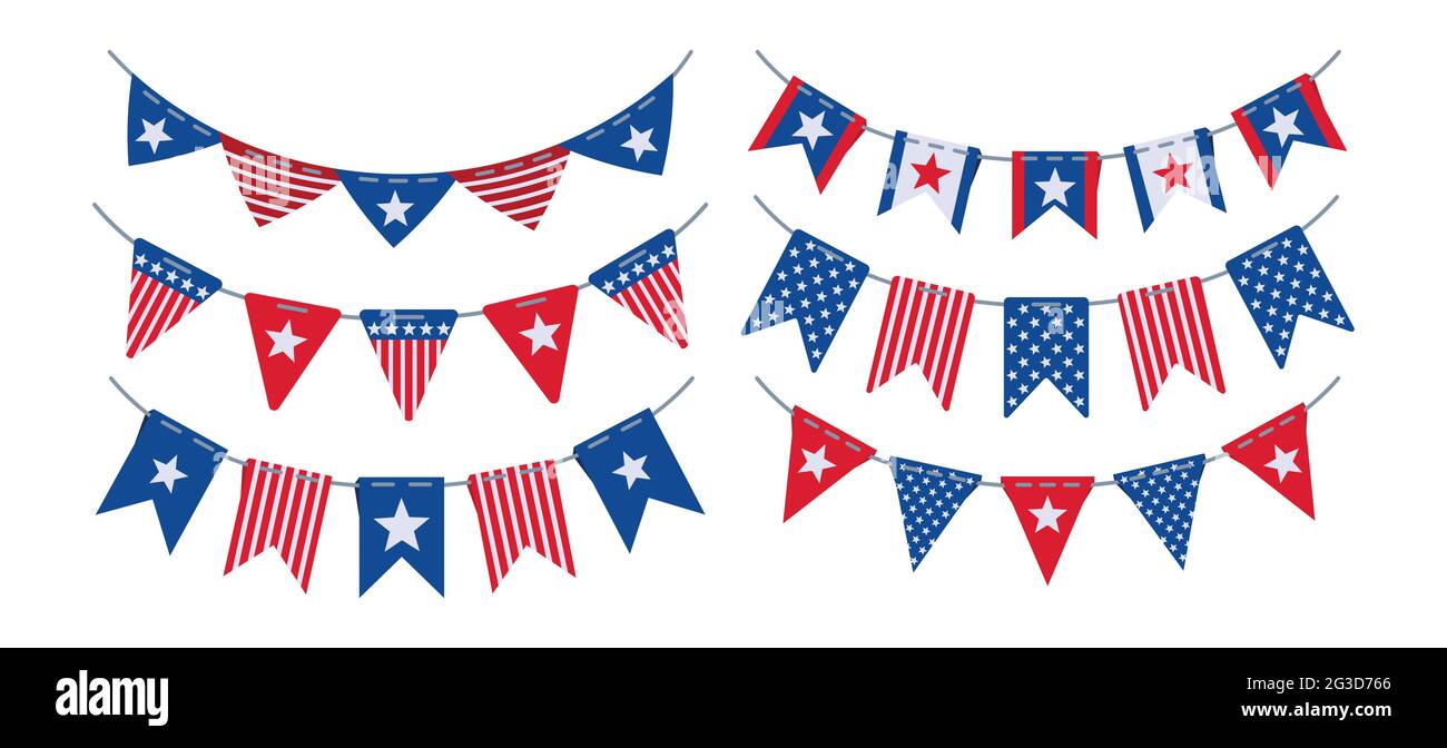 Garland bunting flag American Independence Day flat set. USA ...