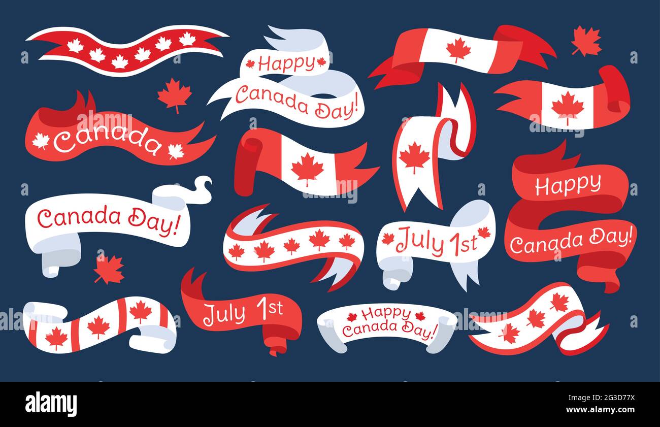 Flag and ribbon happy Canada Day flat set. Canadian tape band with ...