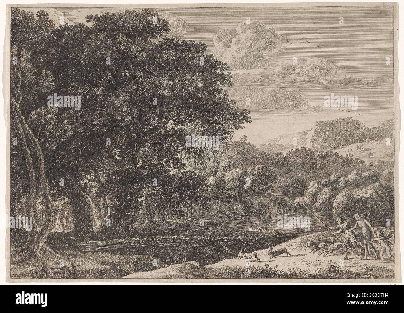 Venus and Adonis hunting; Adonis story. In a hilly, wooded landscape ...