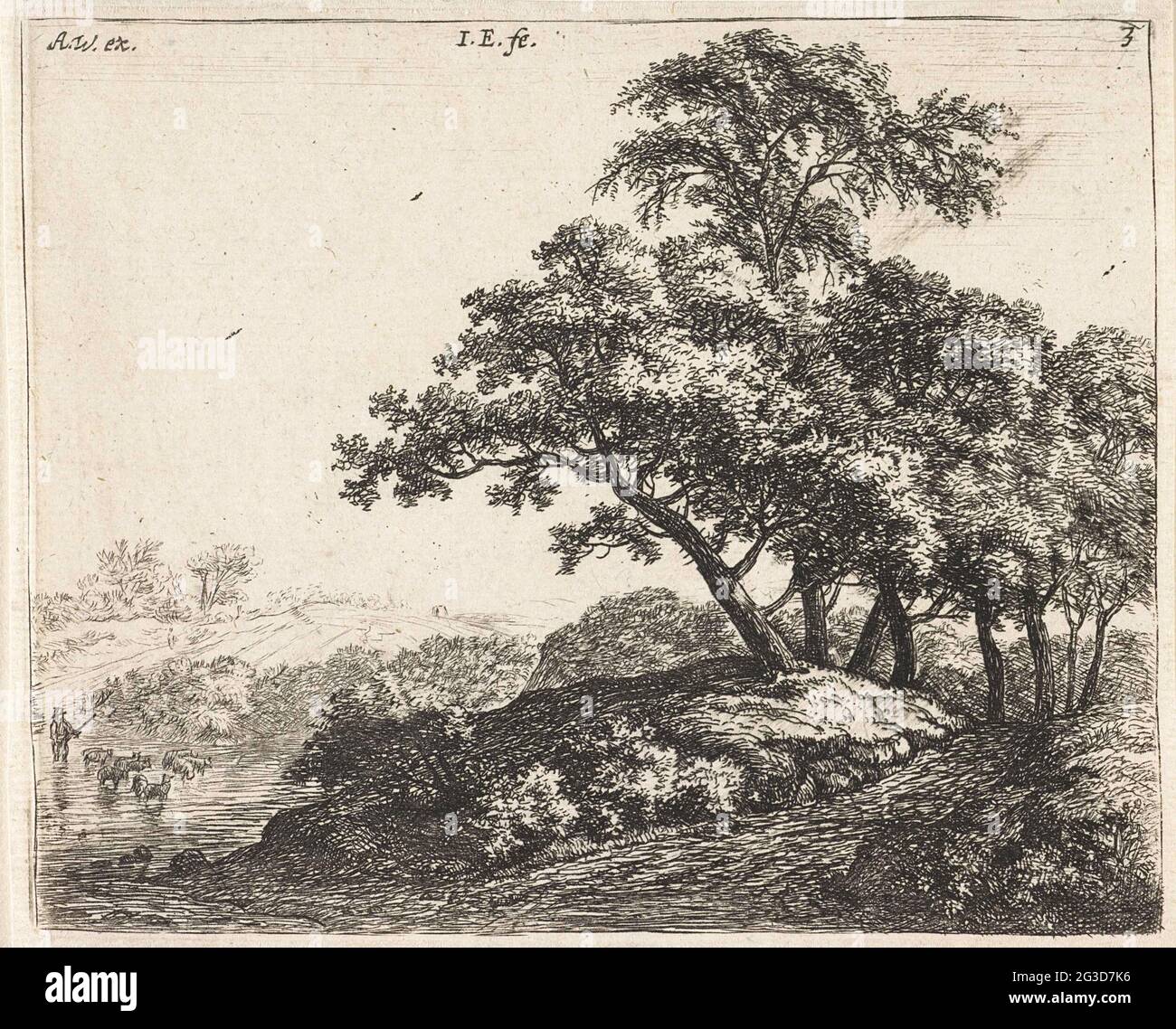 Herd of sheep in a river; Landscapes with tree parties. Right a forest ...