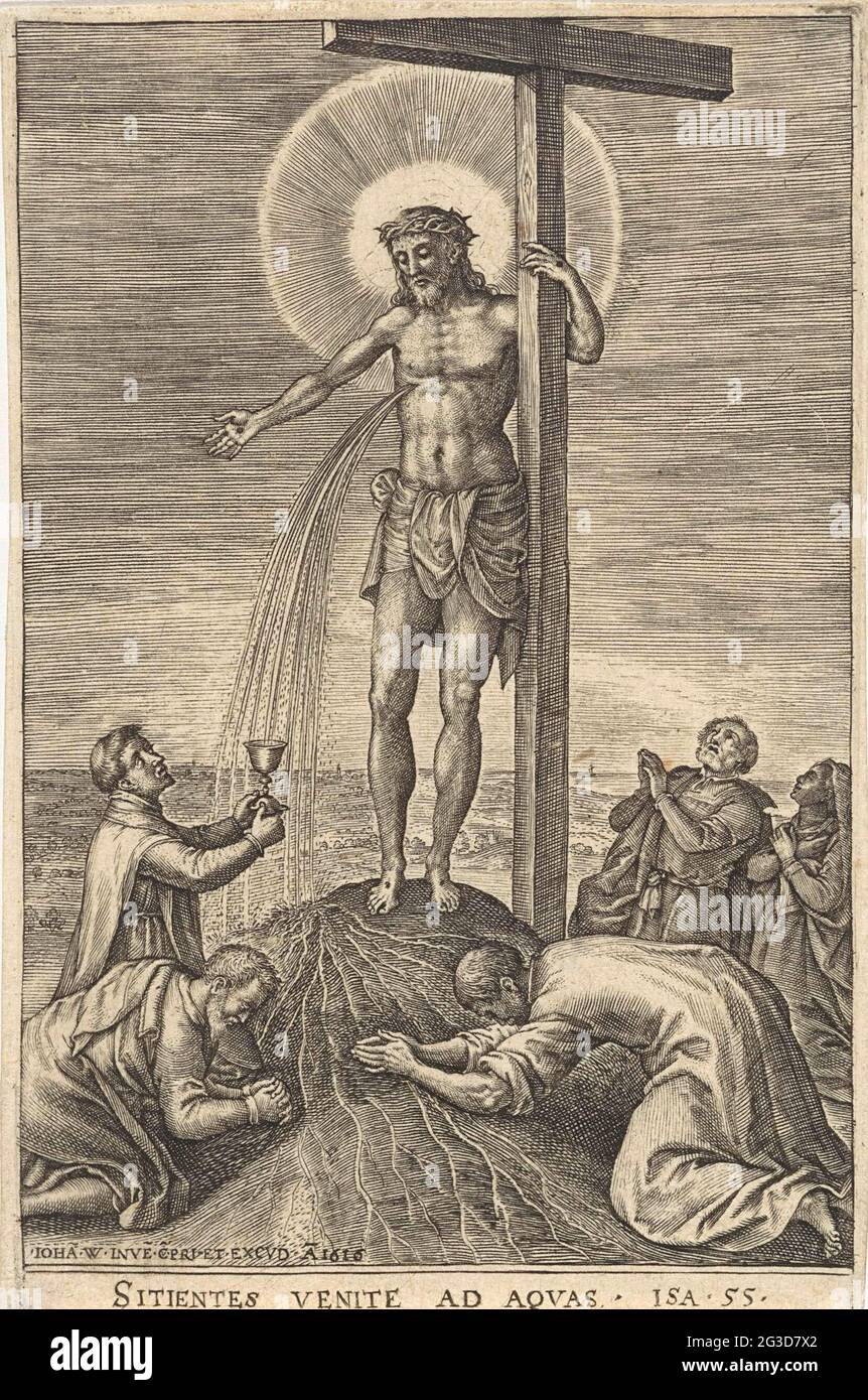 Monk catches the blood of Christ. Christ stands on a hill next to the ...