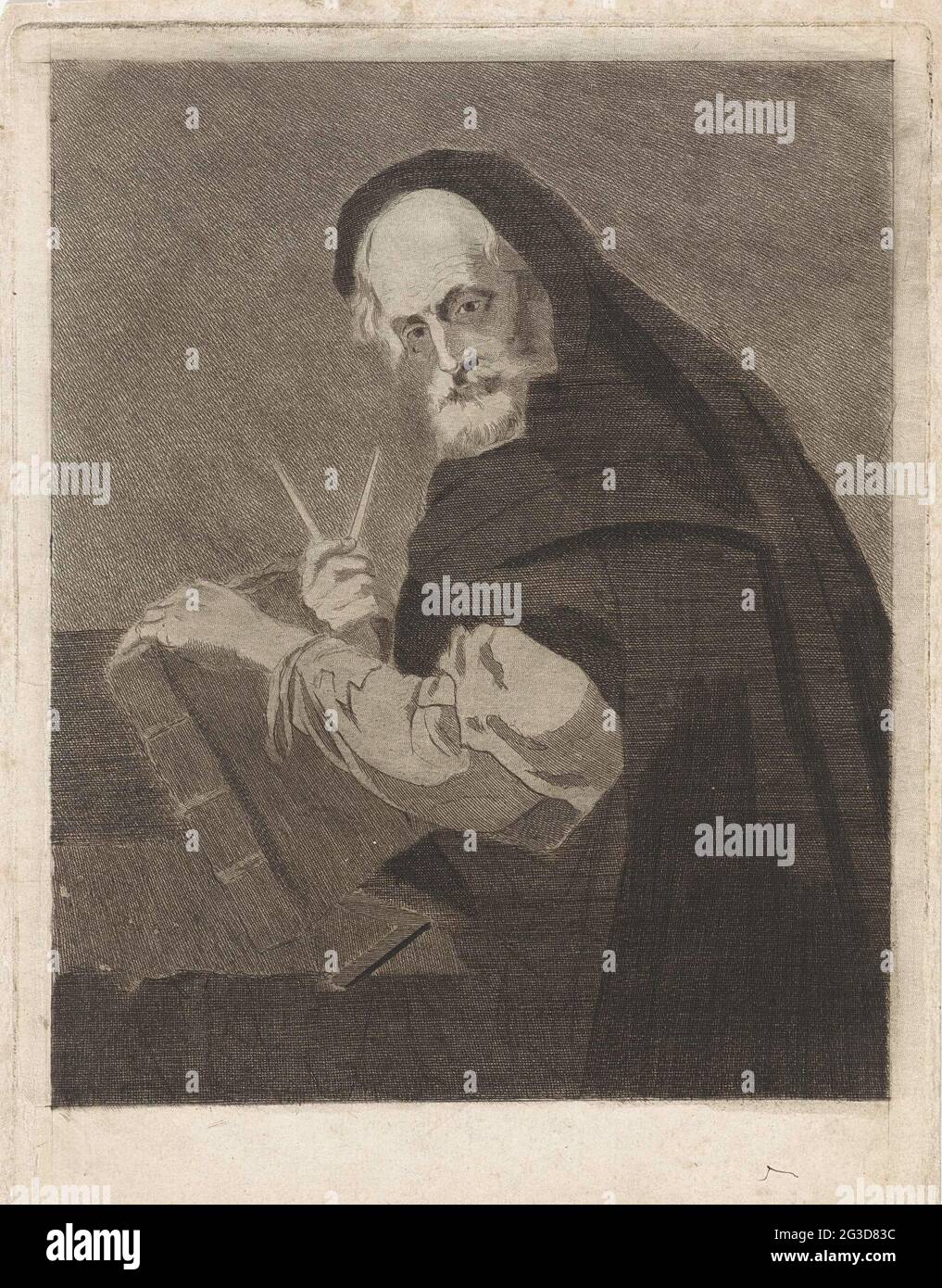 Portrait of a mathematician. An old man in a pimp is at a table. In his ...