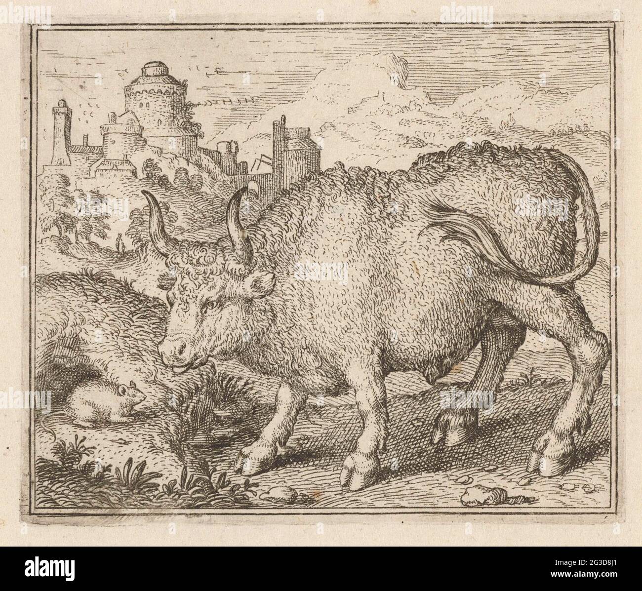 Fabel of the bull and mouse. A mouse and a bull face each other. The ...