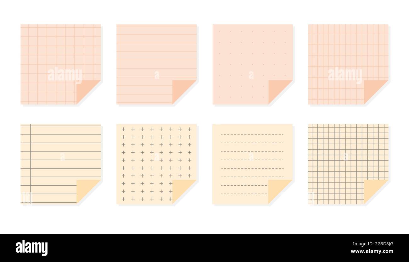 Flat pastel paper notes set. Squared templates sheet with different ...