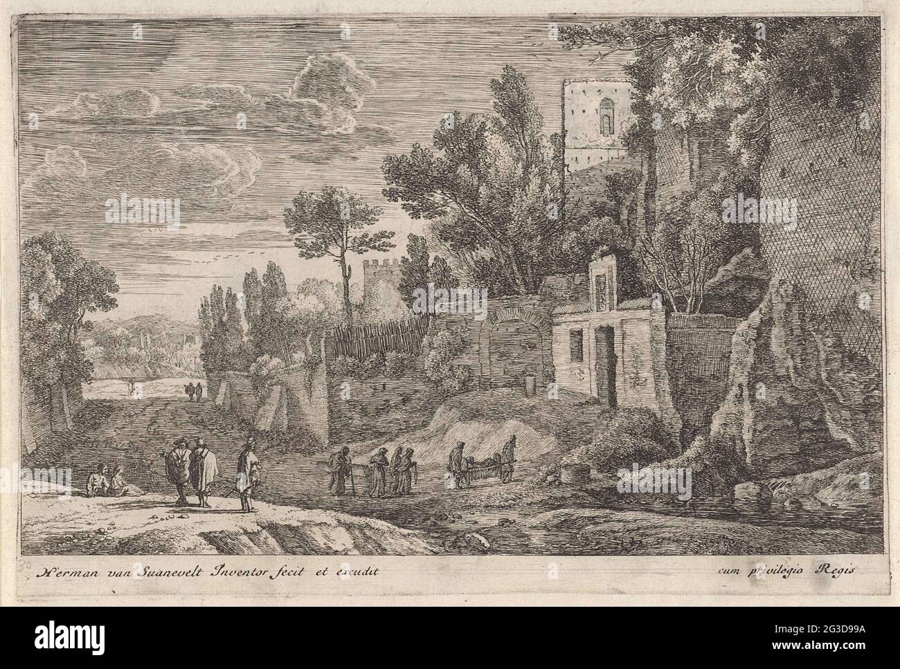 Landscape with a hospital; Twelve landscapes. A few hikers can be seen ...