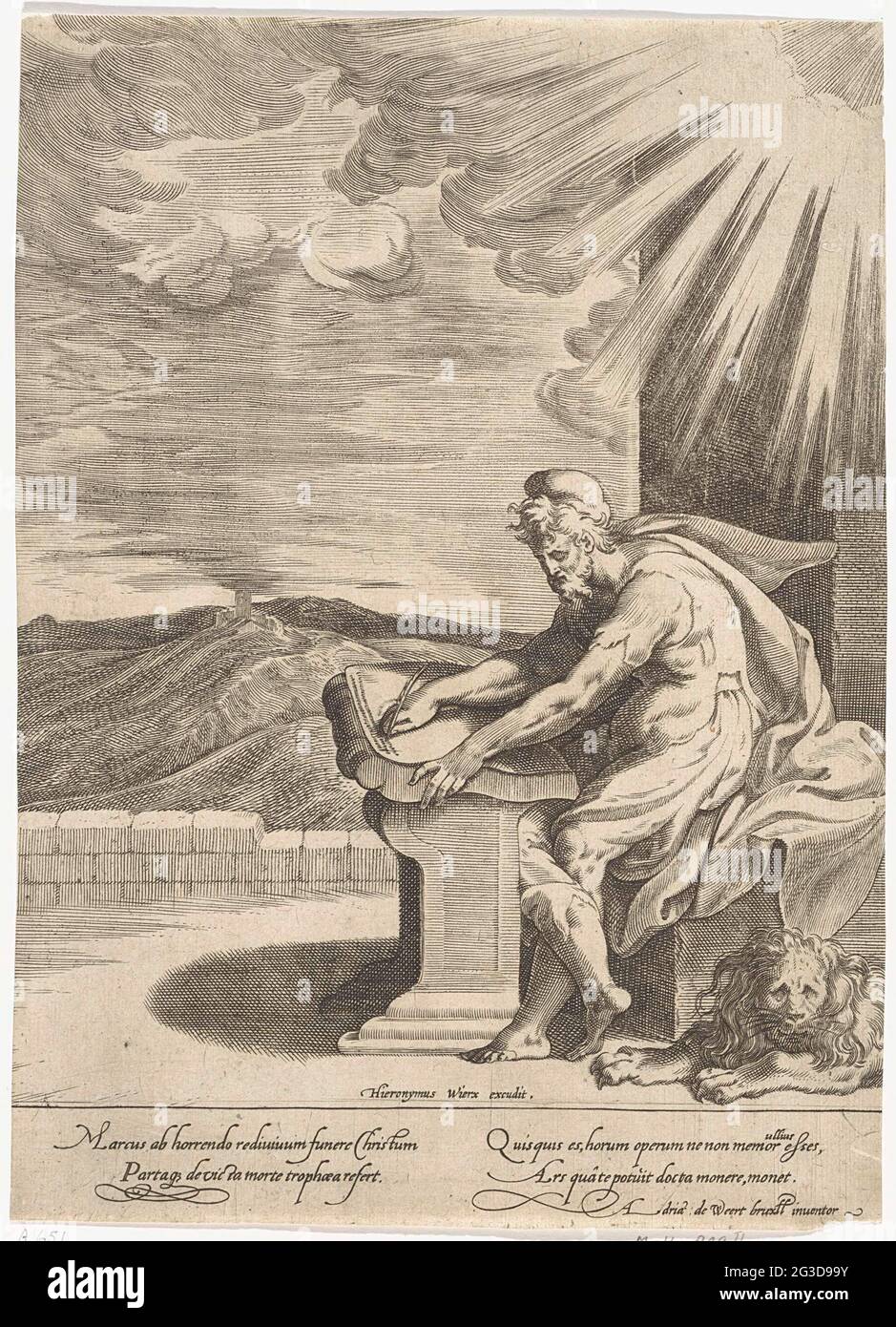 Marcus and the Lion; Four evangelists. The Evangelist Marcus is sitting ...